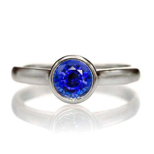 Round Blue Sapphire Olivia Bezel Set Solitaire Cathedral Engagement Ri ...
