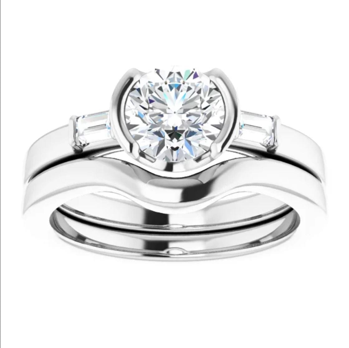 Harper Ring - 1CTW Round Lab Diamond & Baguette Accented Half Bezel En ...