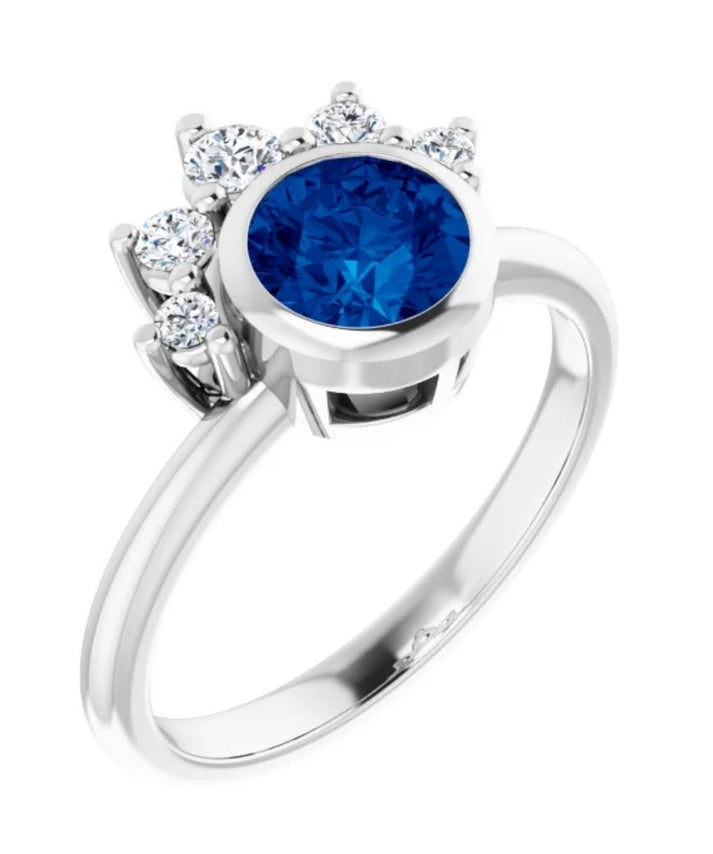 Juno - Bezel Set Round Blue Sapphire Engagement Ring with Half Halo ...