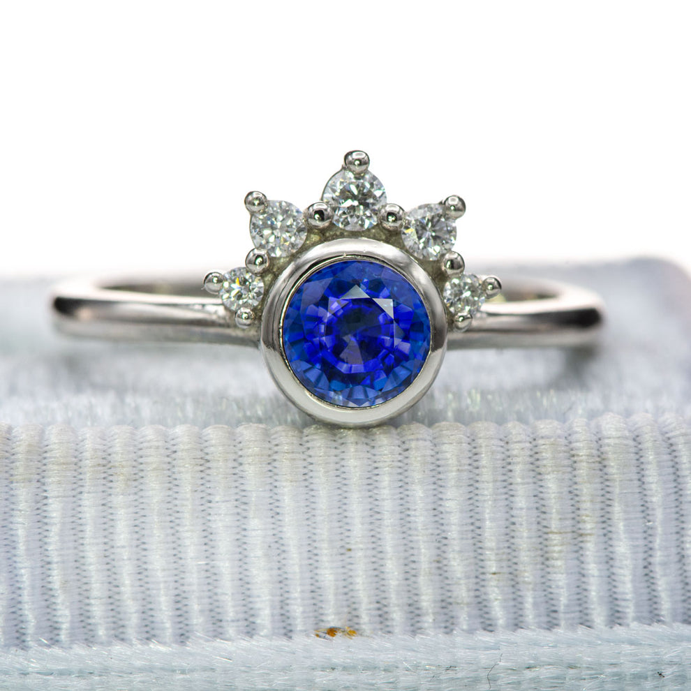 Juno - Bezel Set Round Blue Sapphire Engagement Ring with Half Halo ...