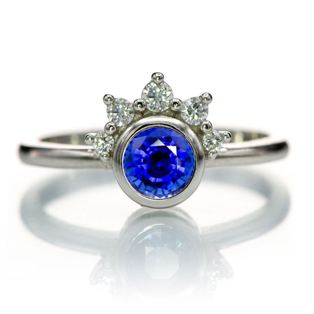 Juno - Bezel Set Round Blue Sapphire Engagement Ring with Half Halo ...
