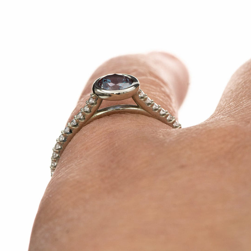 Round Alexandrite Bezel Set Diamond Accented Sonia Engagement Ring ...