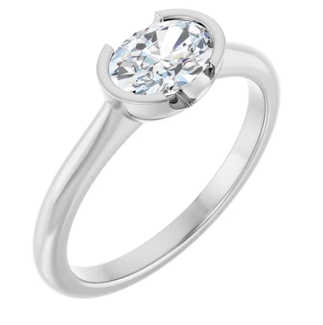 Genuine Oval White Sapphire Half Bezel Solitaire Hannah Engagement Rin ...
