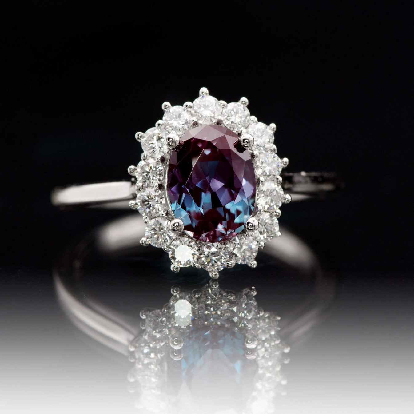 Ophelia - Oval Lab-Created Alexandrite Prong Set Halo Engagement Ring ...