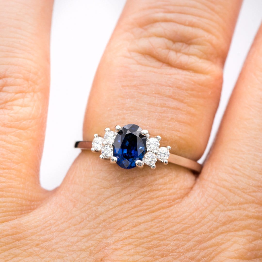 Ellie Ring- Oval Blue Sapphire Prong Set Accented Engagement Ring ...