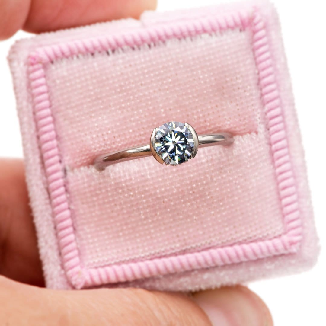 Helen Solitaire - Round Blue Moissanite Half Bezel Engagement Ring ...